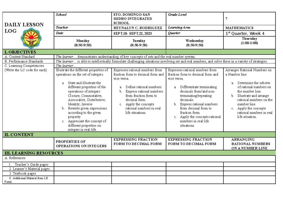 MATH DLL Grade 7 Q1 WEEK 4 - DAILY LESSON LOG School STO. DOMINGO-SAN ...