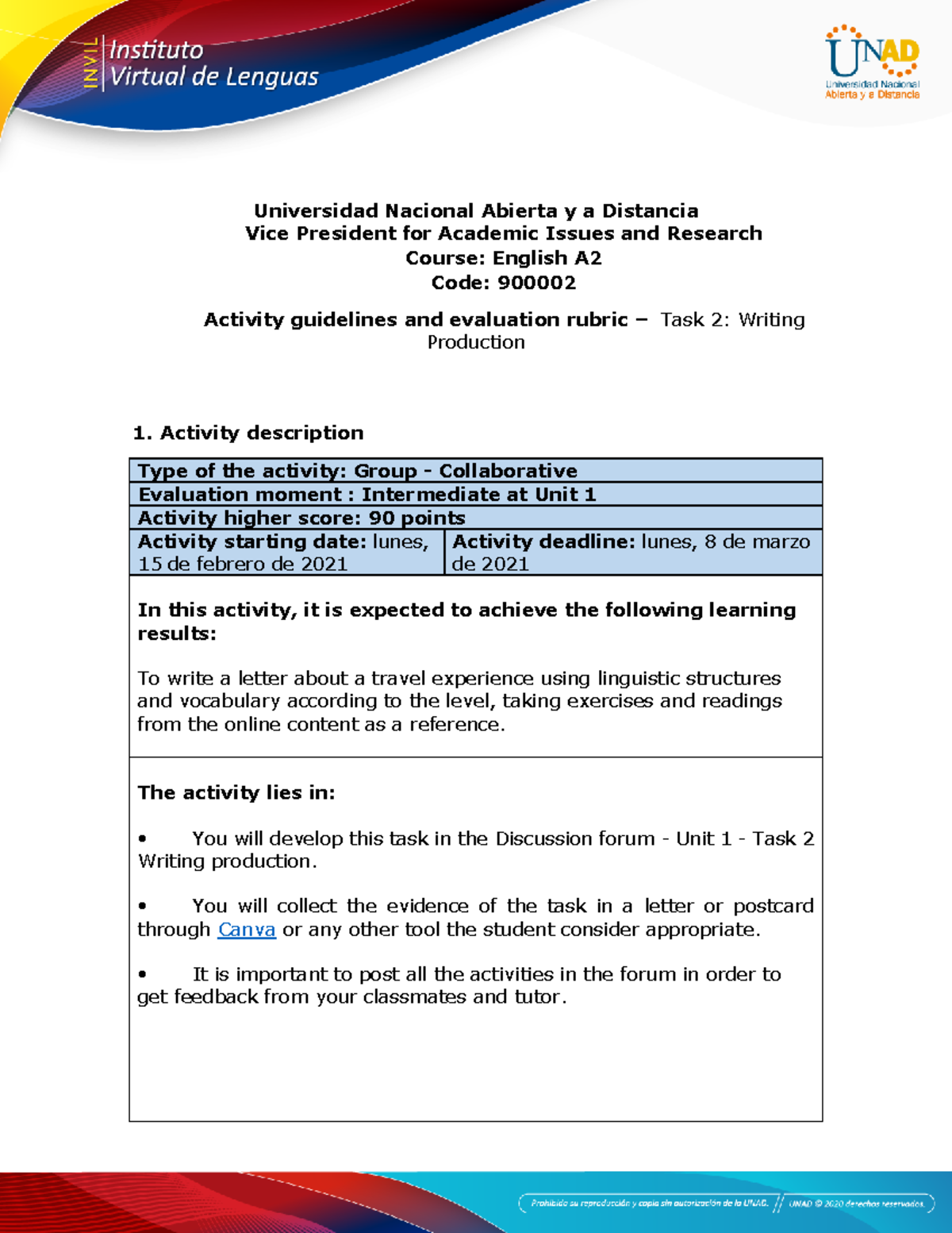 Activity guide and evaluation rubric - Unit 1 - Task 2 - Writing ...