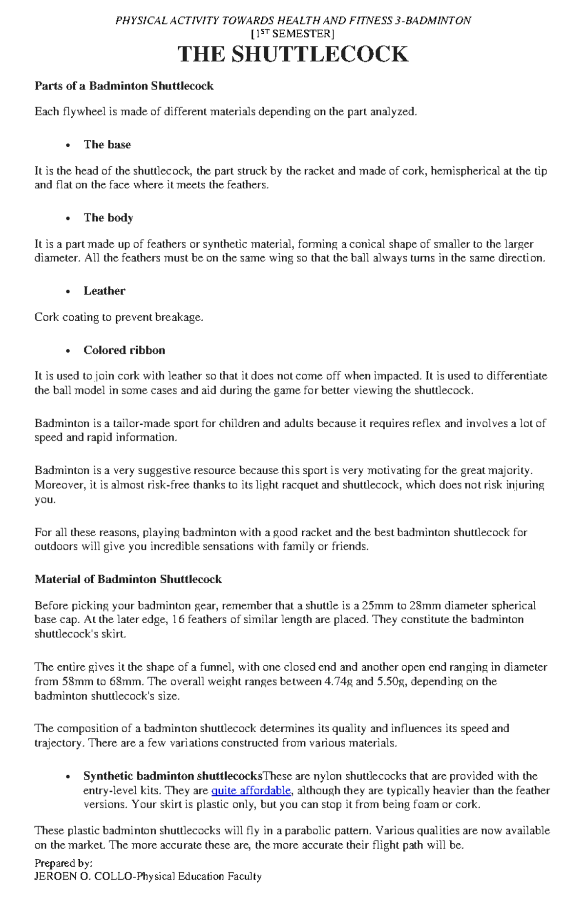 PE13 Badminton Handout 4 Shuttlecock - PHYSICAL ACTIVITY TOWARDS HEALTH ...