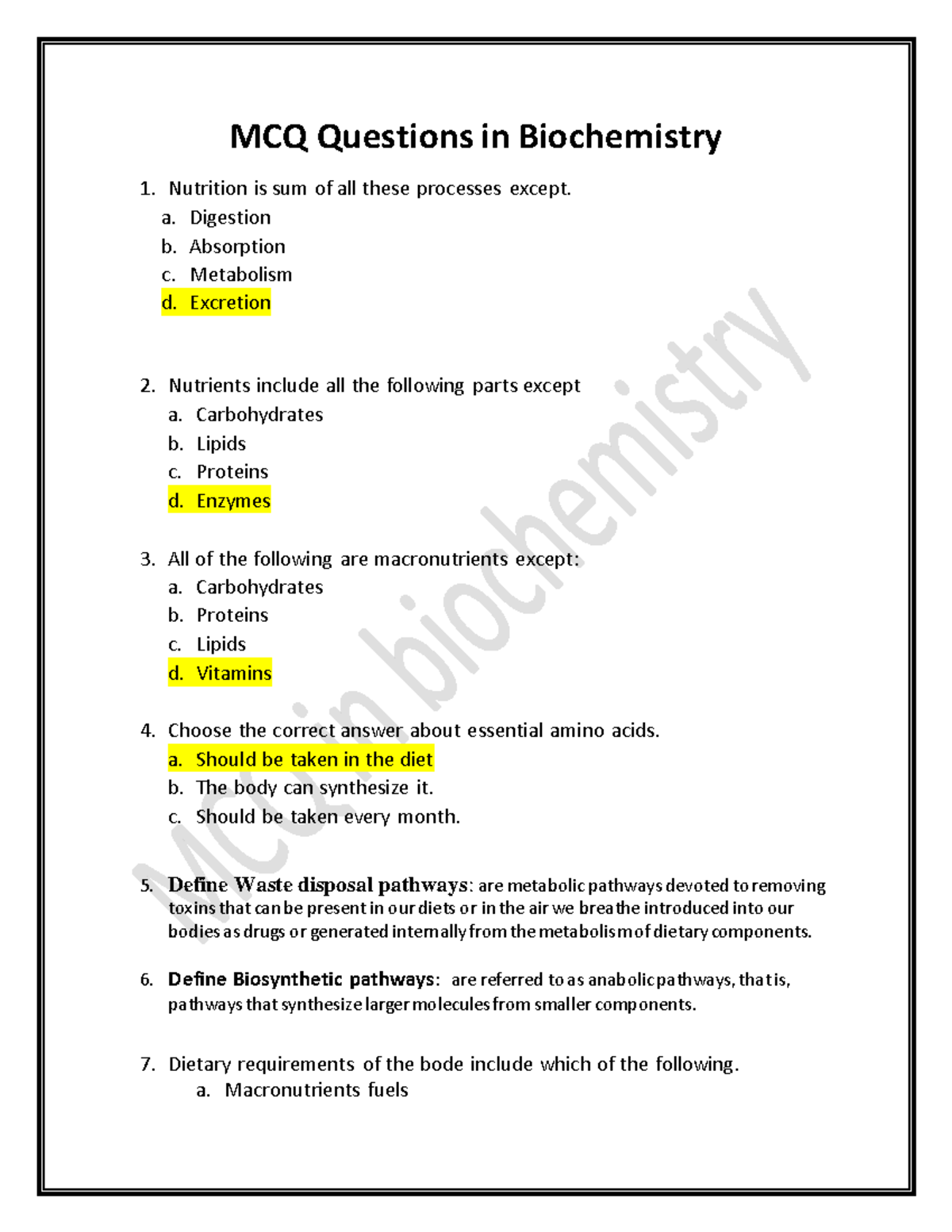MCQ and Enumerate Questions in Biochemistry - MCQ Questions in ...