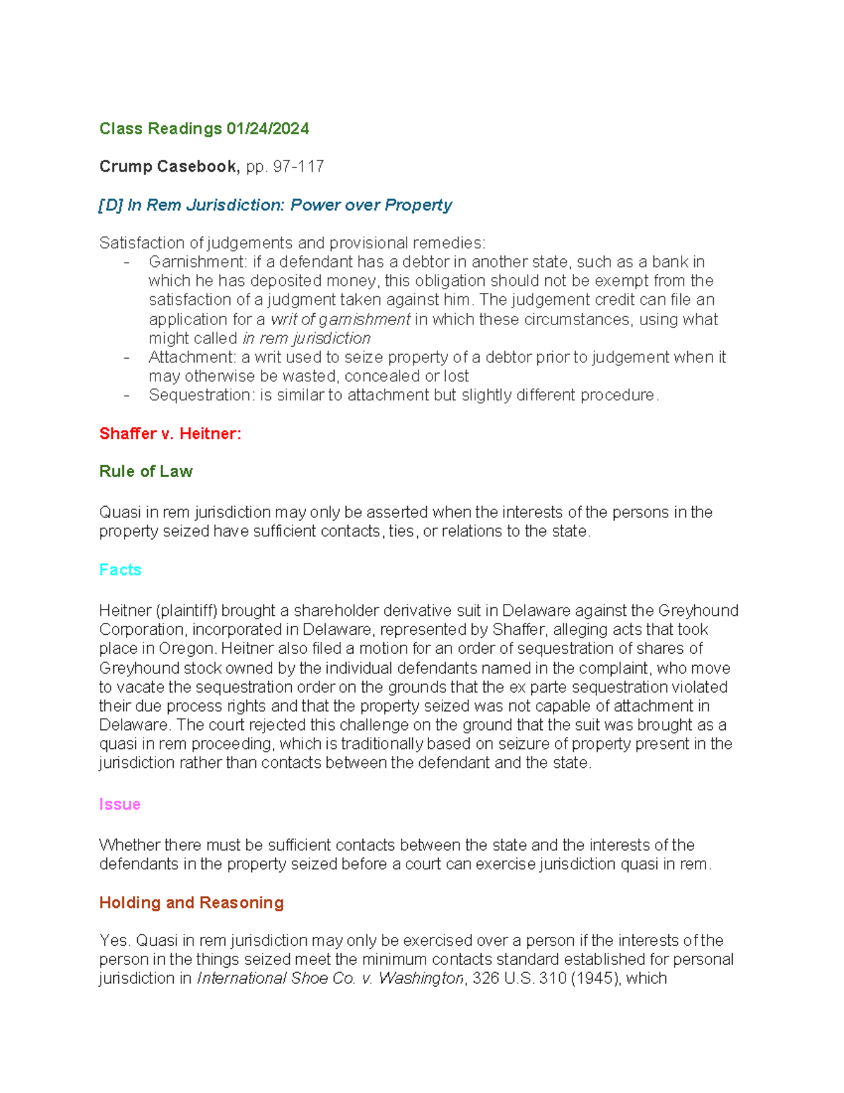 Class Readings 01:24:2024 - Class Readings 01/24/ Crump Casebook, pp ...