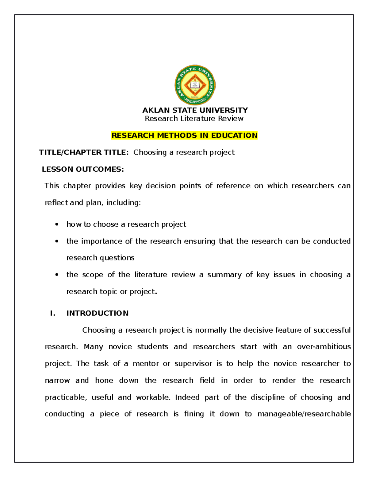 Choosing a research project(Research method in Education) - AKLAN STATE ...