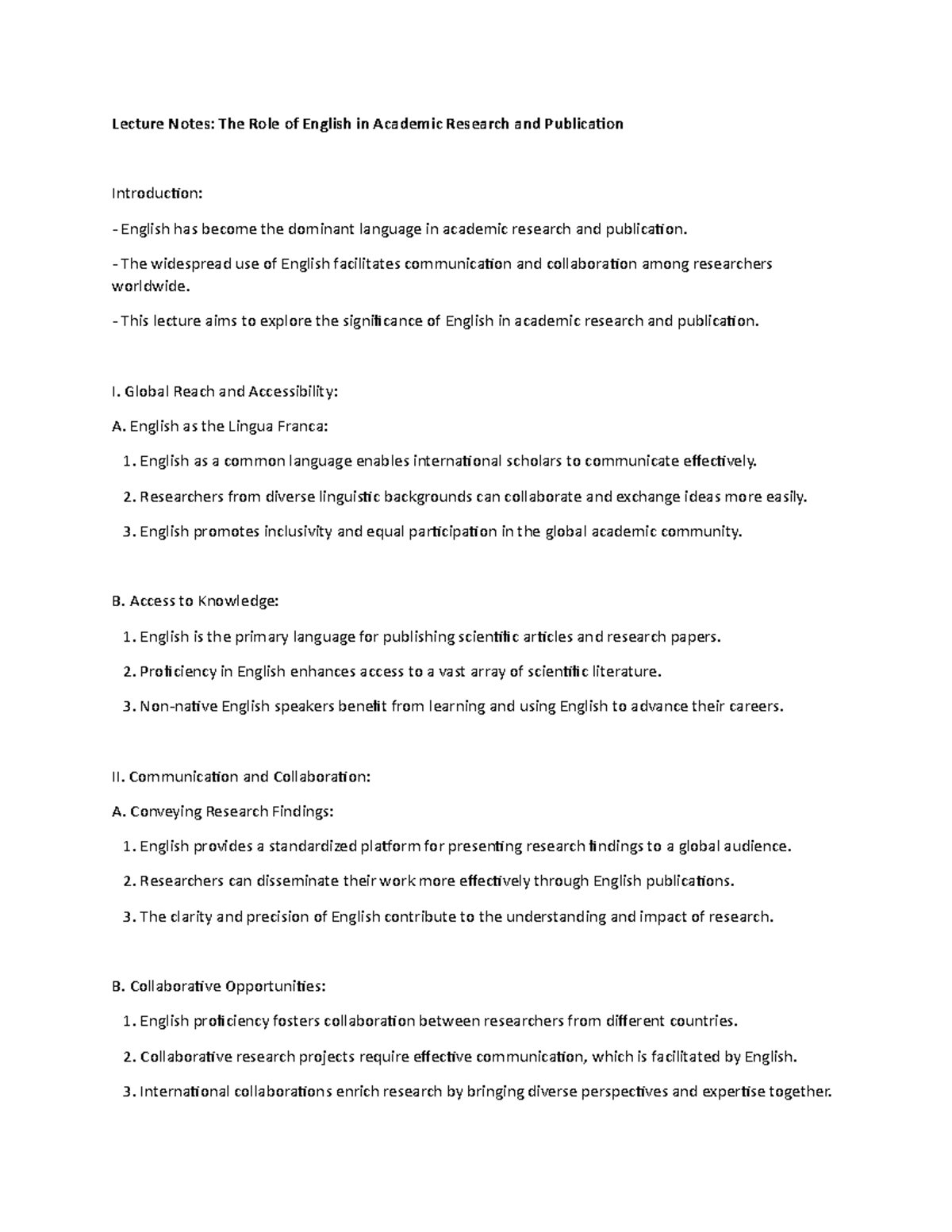 Lecture Notes: The Role of English in Academic Research and Publication ...
