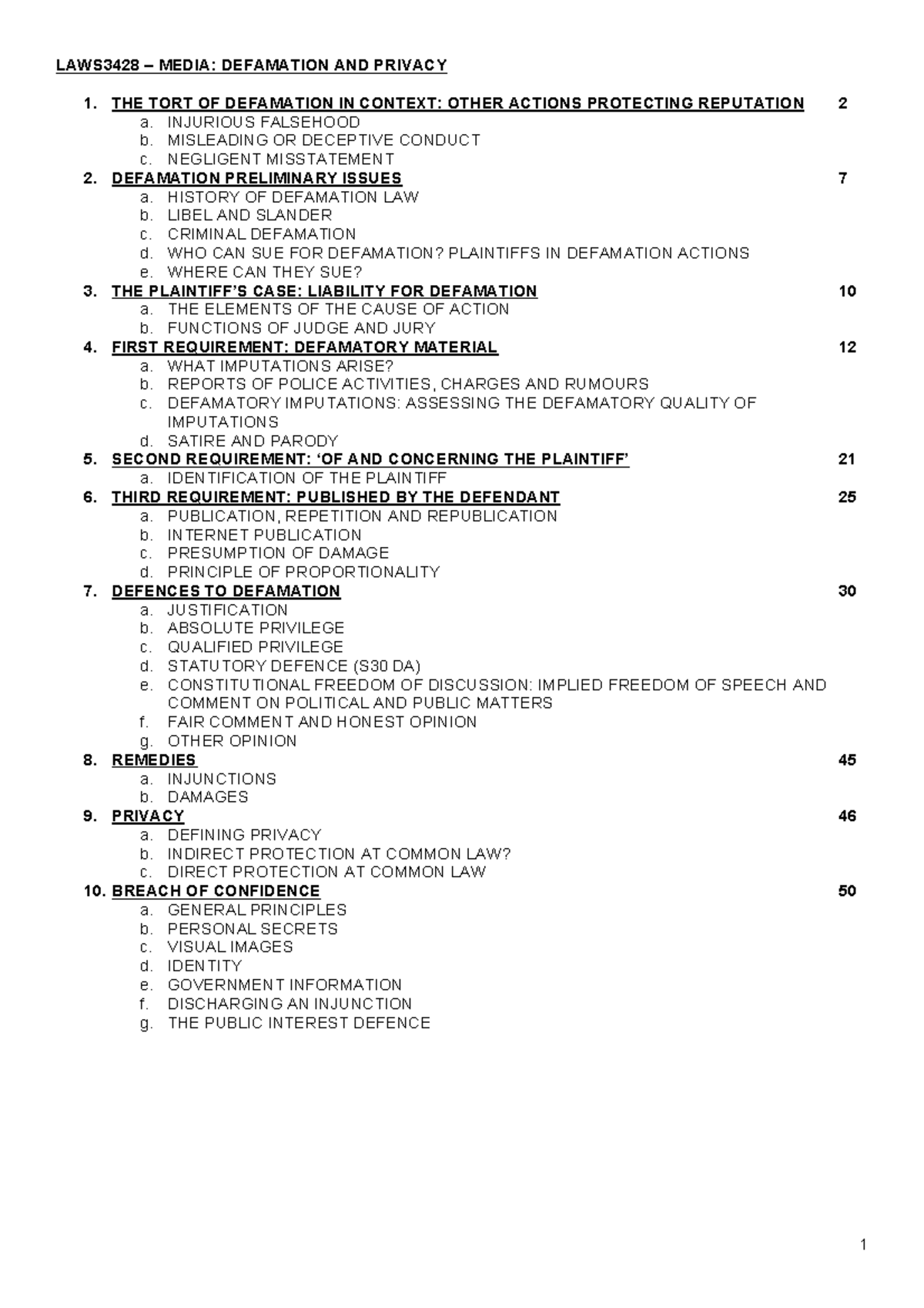 Defamation notes 1 - LAWS 3428 – MEDIA: DEFAMATION AND PRIVACY 1. THE ...