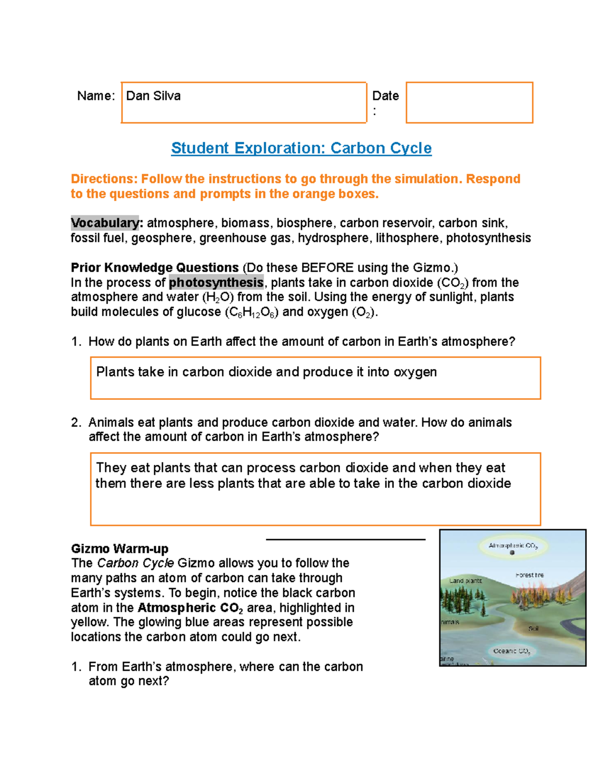 Carbon Cycle Gizmos- Page 1 - Name: Dan Silva Date : Student ...