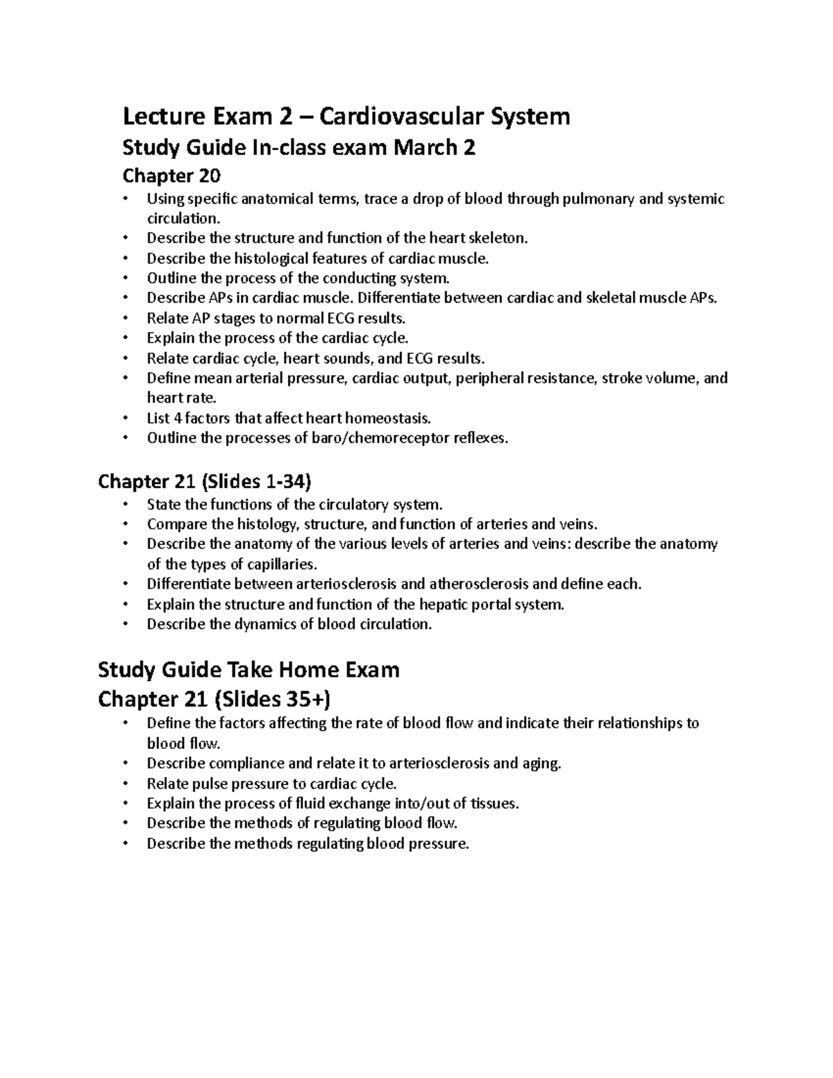 Lecture Exam 2 CVS Study Guide - Lecture Exam 2 – Cardiovascular System Study Guide In-class ...