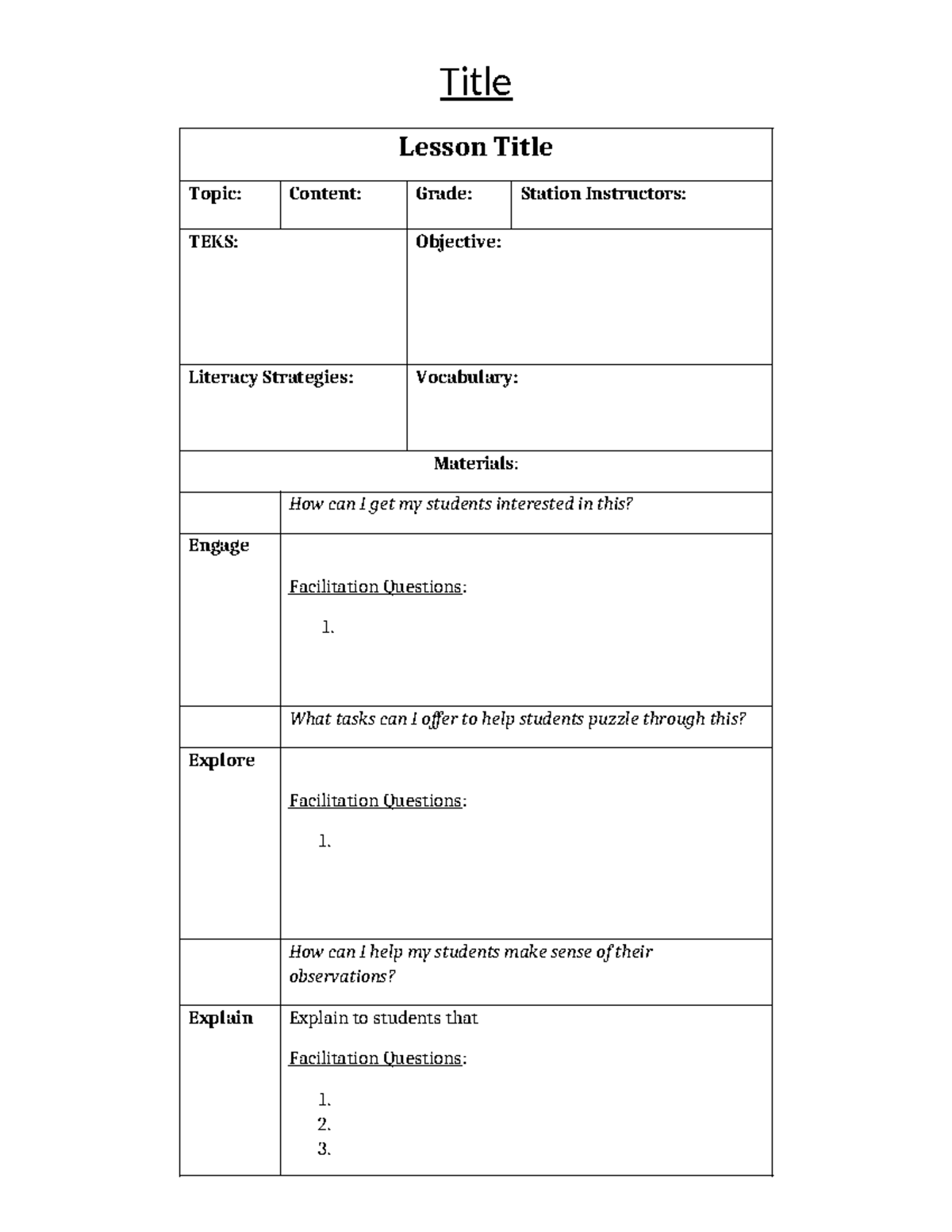 5E Lesson Plan - Title Lesson Title Topic: Content: Grade: Station ...