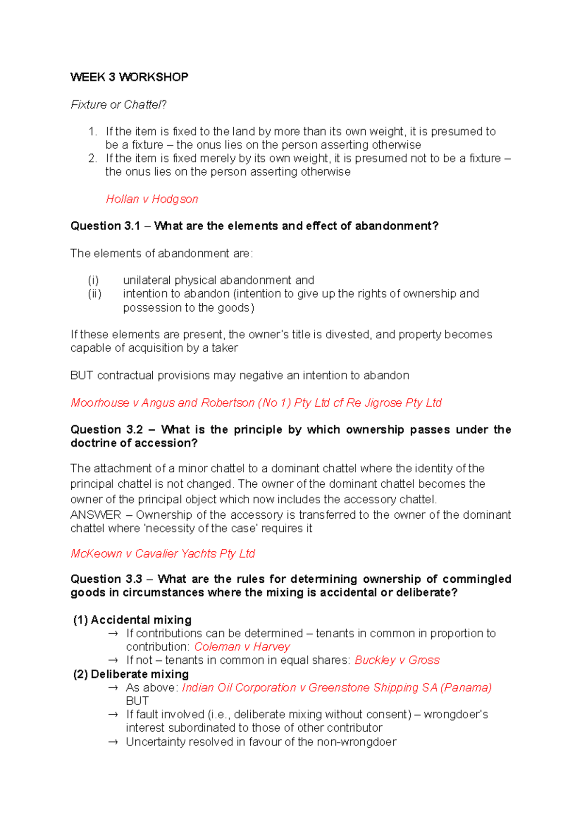 Week 3 Workshop - fixtures and chattels - WEEK 3 WORKSHOP Fixture or Chattel? If the item is ...