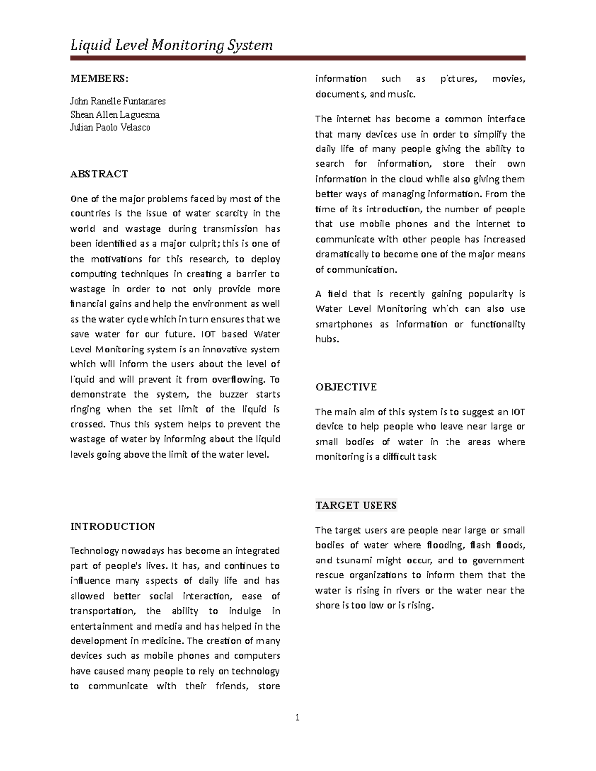 Technical Paper - IOT - Liquid Level Monitoring System - Liquid Level Monitoring System MEMBERS ...