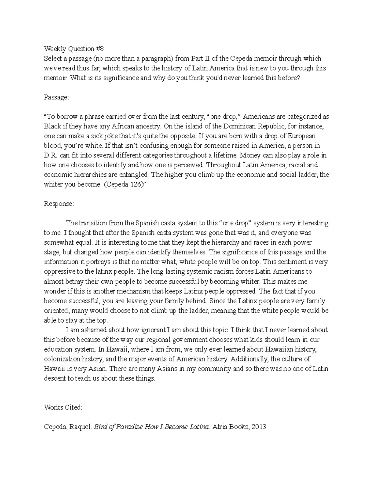 CHLA 303U Weekly Question #8 - Weekly Question # Select a passage (no ...