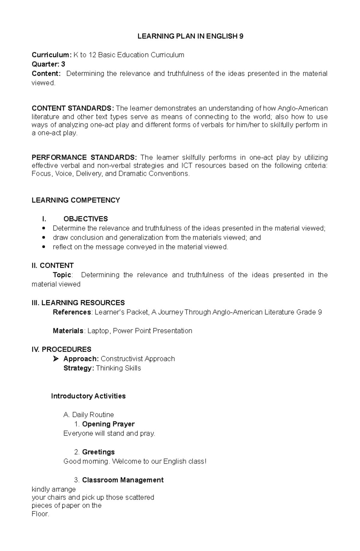 LP 3 (viewing) - LEARNING PLAN IN ENGLISH 9 Curriculum: K to 12 Basic Education Curriculum ...