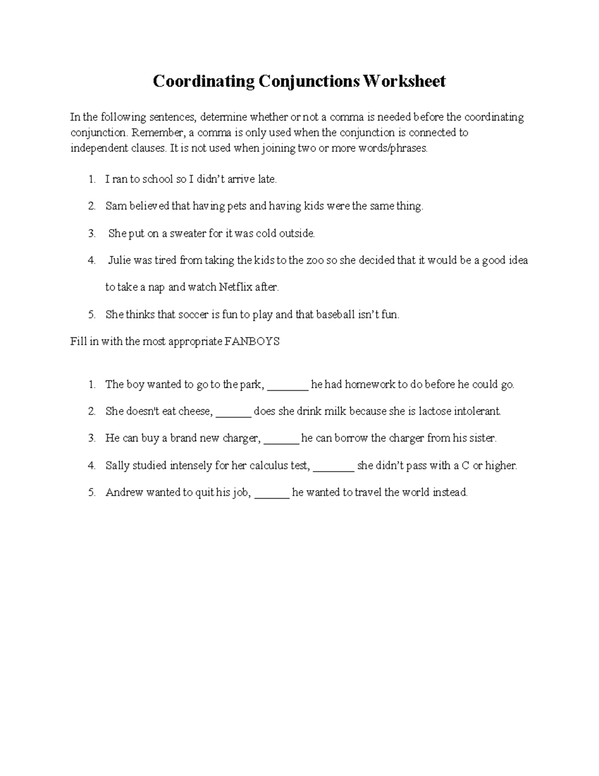 Coordinating conjunctions worksheet and key - Coordinating Conjunctions ...