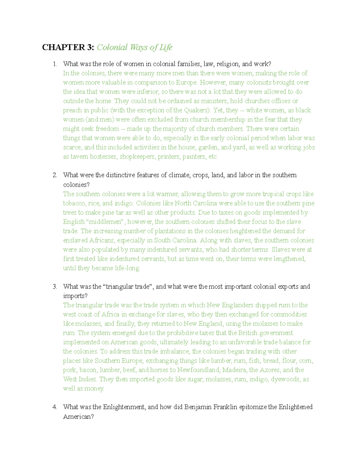 Chapter 3 HW Questions - CHAPTER 3: Colonial Ways of Life What was the ...