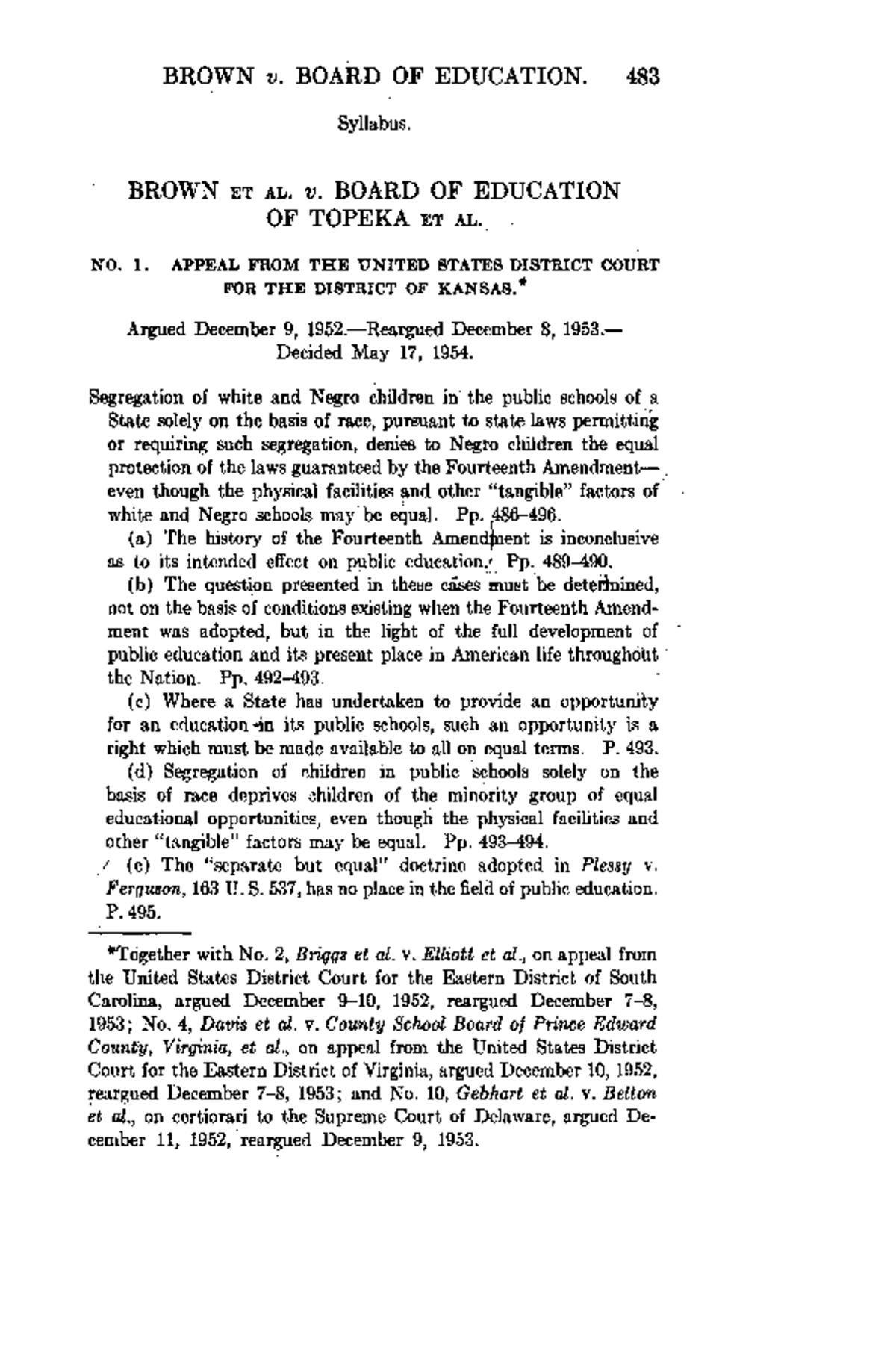 Brown Case Full Decision - BROWN v. BOARD OF EDUCATION. 483 Syllabus ...