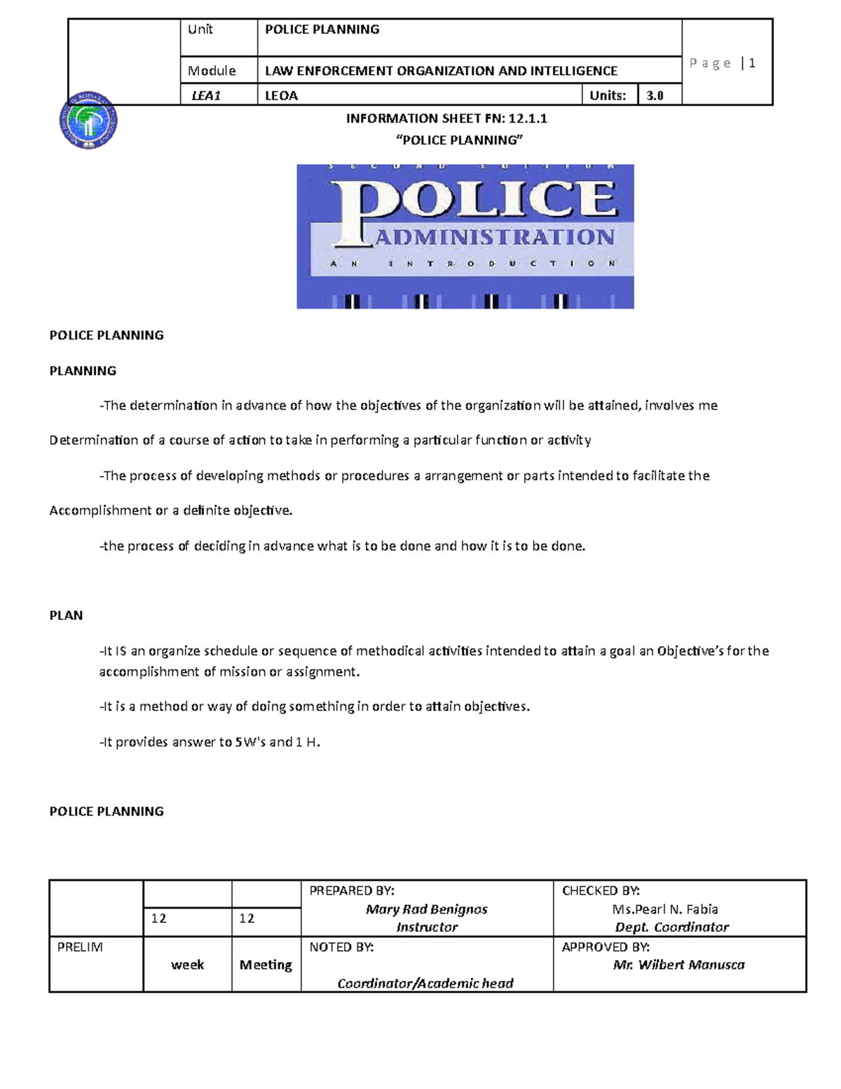 LEA 1- Module 12(final) - INFORMATION SHEET FN: 12. “POLICE PLANNING ...