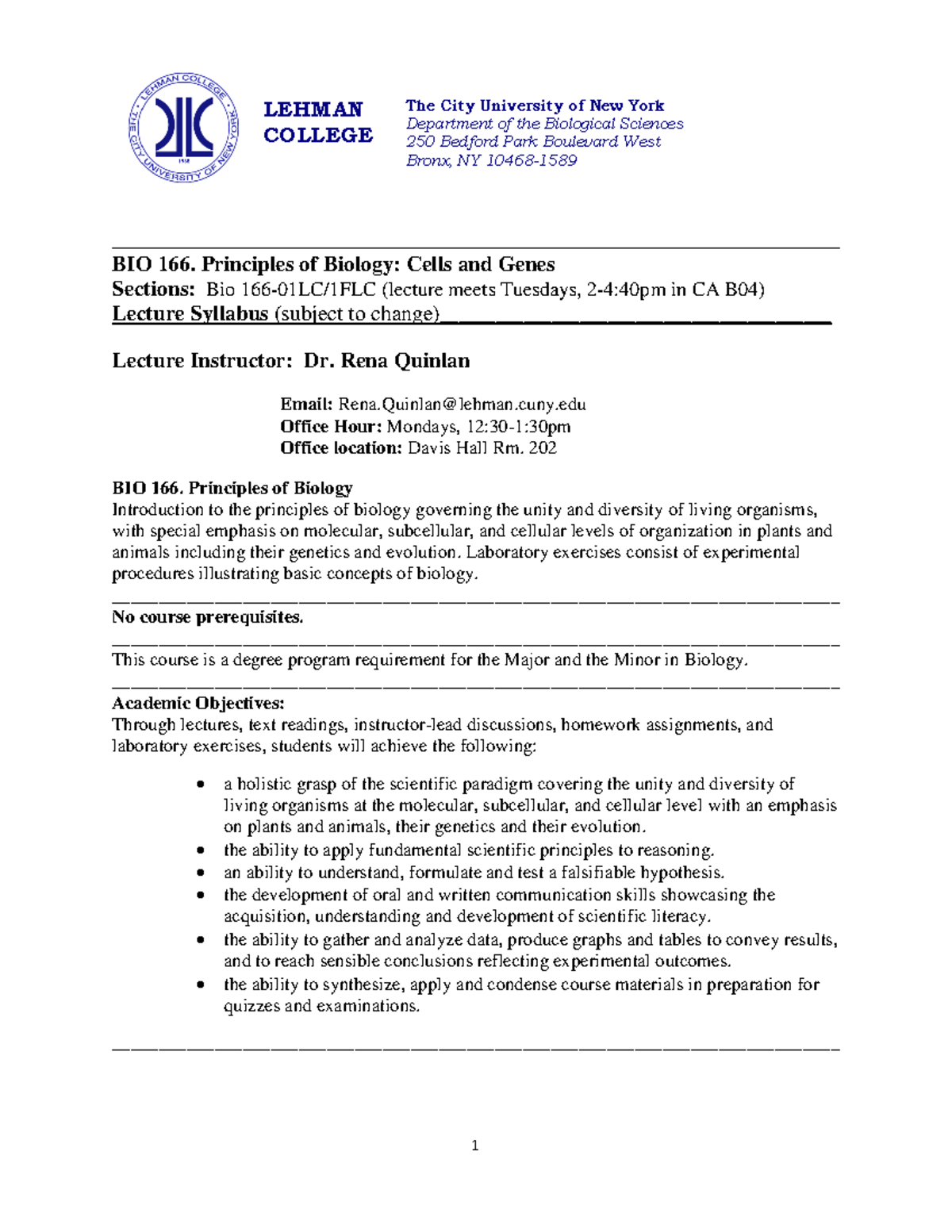BIO 166 01LC and 1FLC Lecture Syllabus FA'19 - BIO 166. Principles of ...