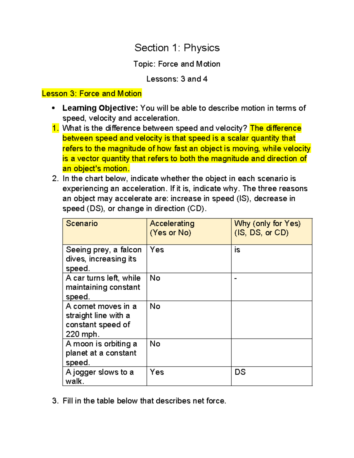 De Rosmini -Force and Motion - Section 1: Physics Topic: Force and Motion Lessons: 3 and 4 ...