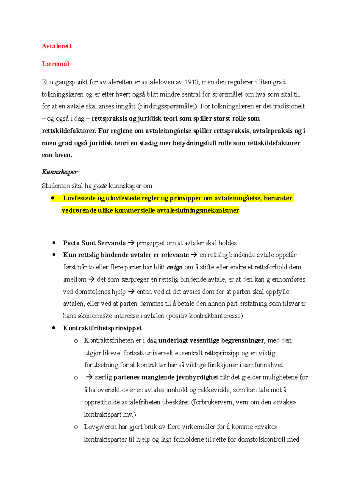Avtalerett: grunnleggende introduksjon til avtaleinngåelse - Avtalerett Læremål Et utgangspunkt ...