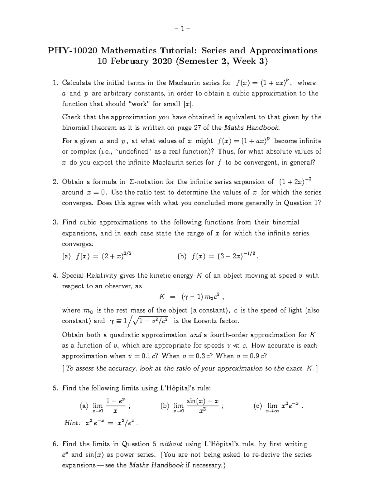 Semester 2 Tutorial 3 2020 - – 1 – PHY-10020 Mathematics Tutorial ...