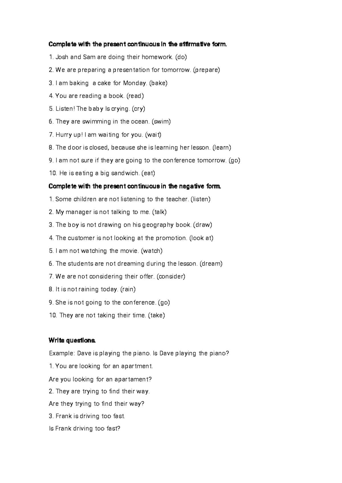 Exercises for present continuous ...