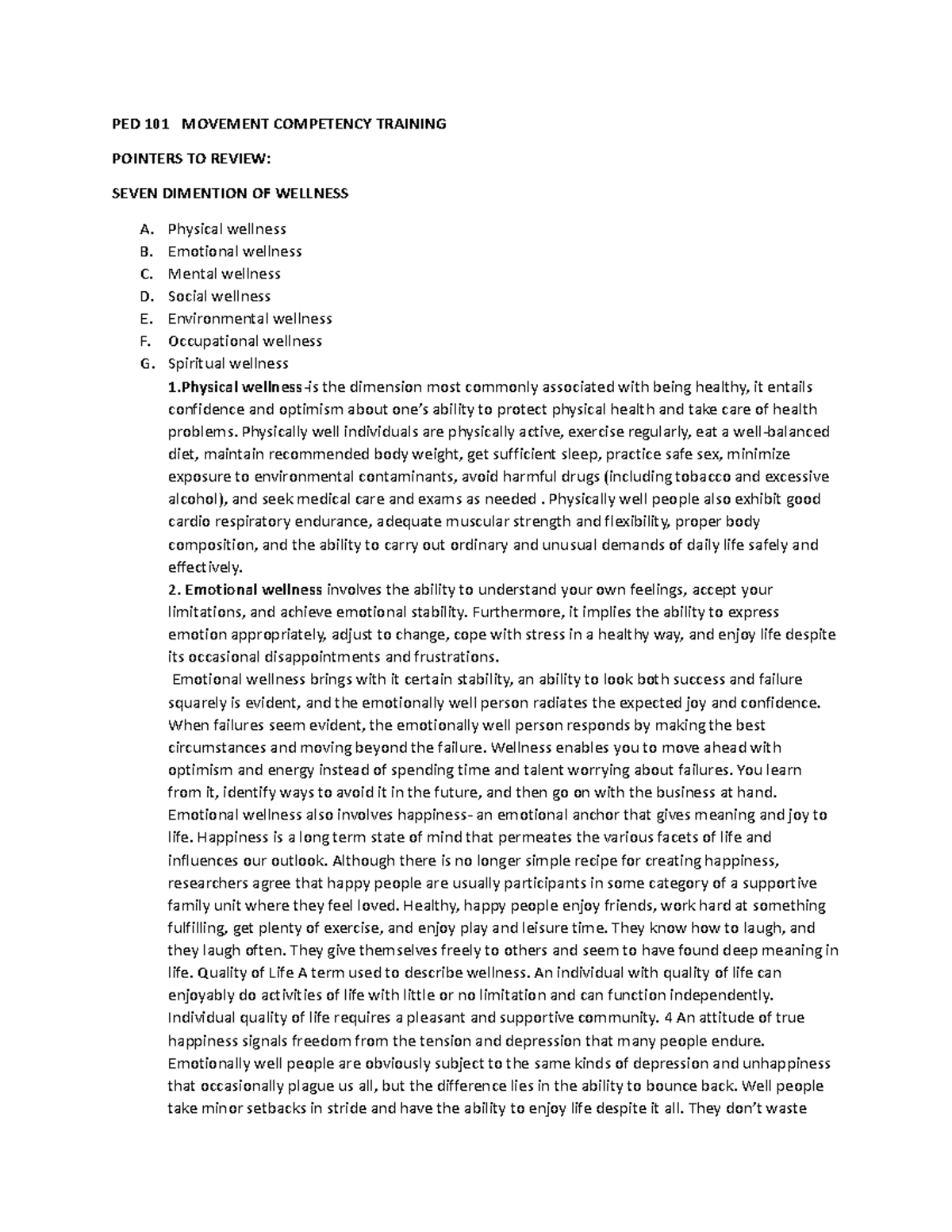 PED 101 Movement Competency Training pointers to review - PED 101 ...