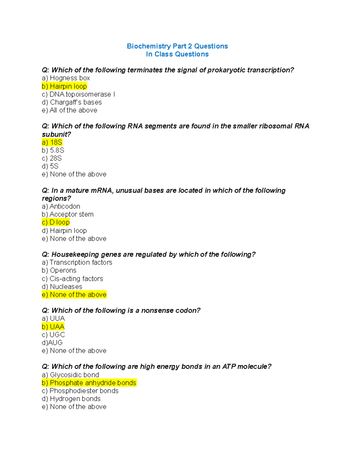 Biochemistry Practice Questions Part 2 - Biochemistry Part 2 Questions ...