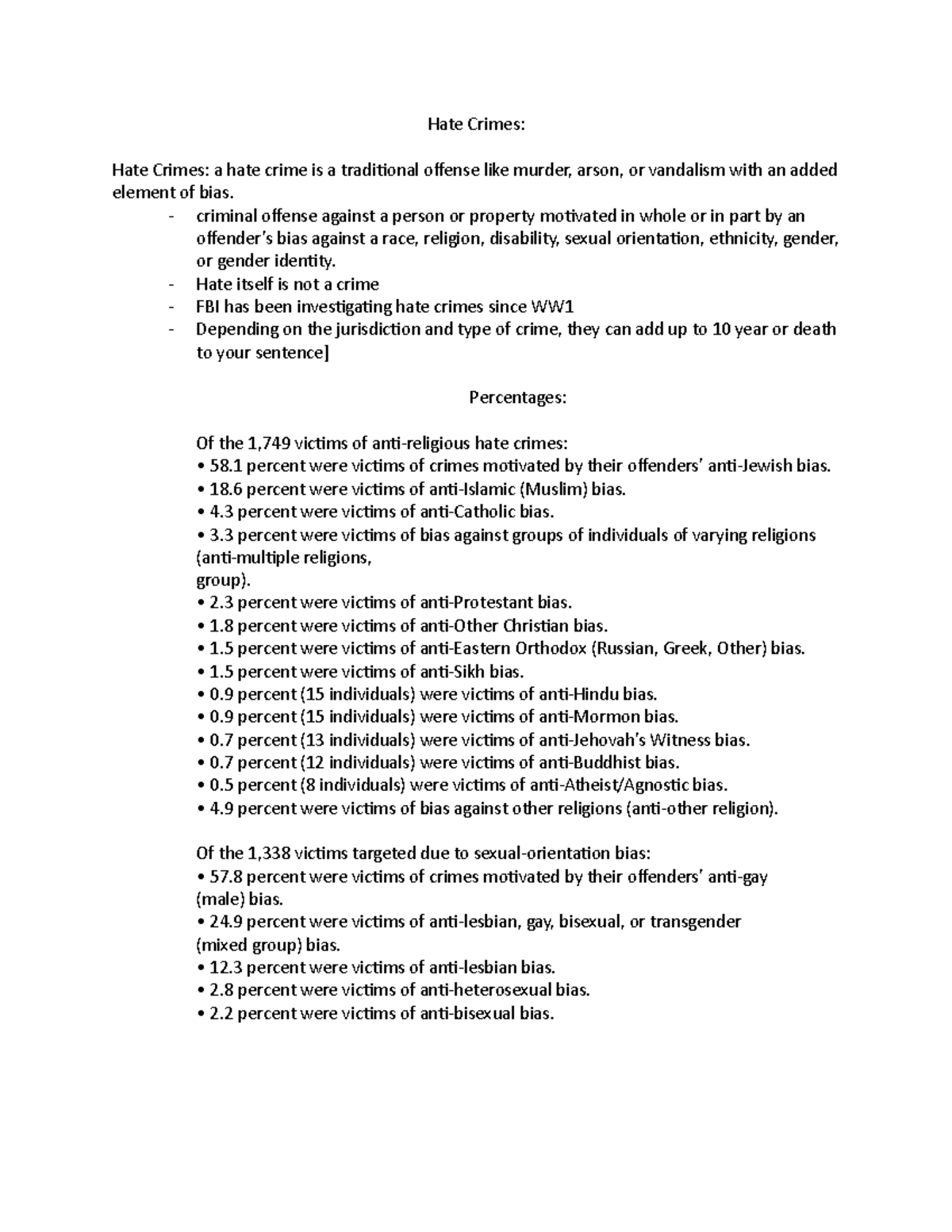 Criminal Behavior Week 13 Notes - Hate Crimes - Hate Crimes: Hate ...