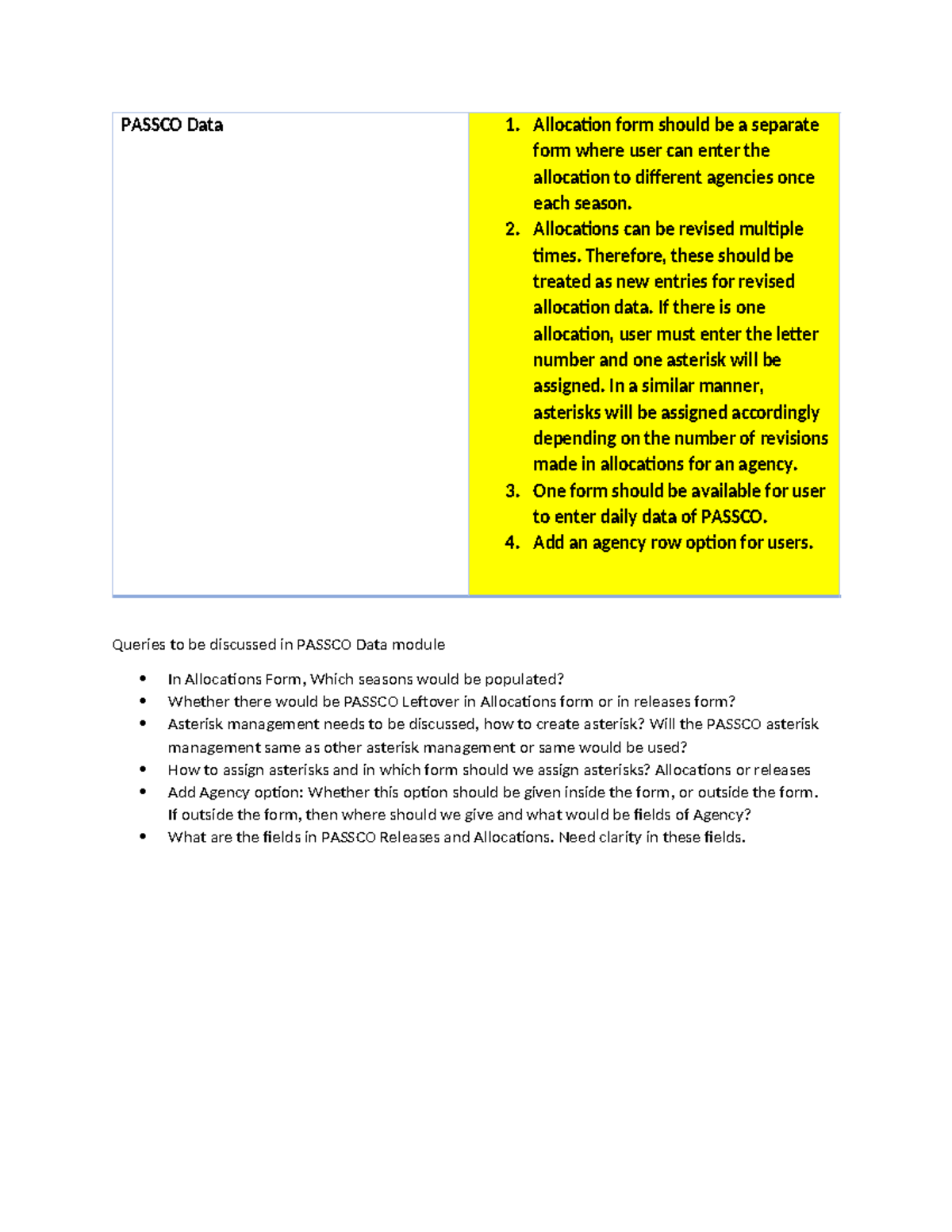 Passco requirements - no onnfo - PASSCO Data 1. Allocation form should ...