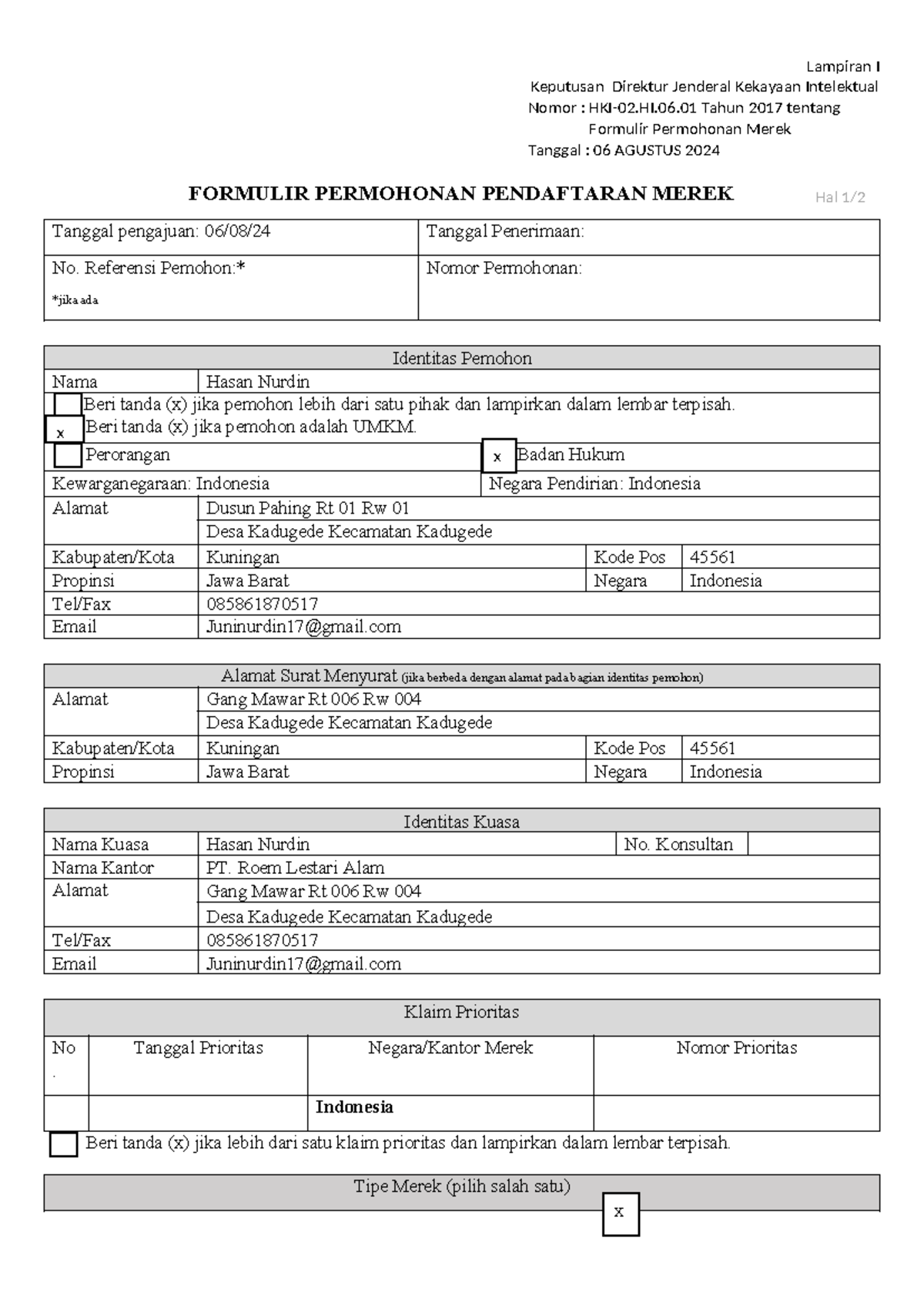 EDIT- Formulir Permohonan Pendaftaran Merek UU 2016 - Keputusan ...