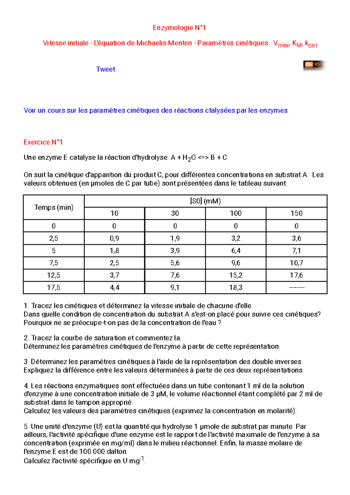 TD 1 enzymo - Enzymologie N° Vitesse initiale - L'équation de Michaelis ...