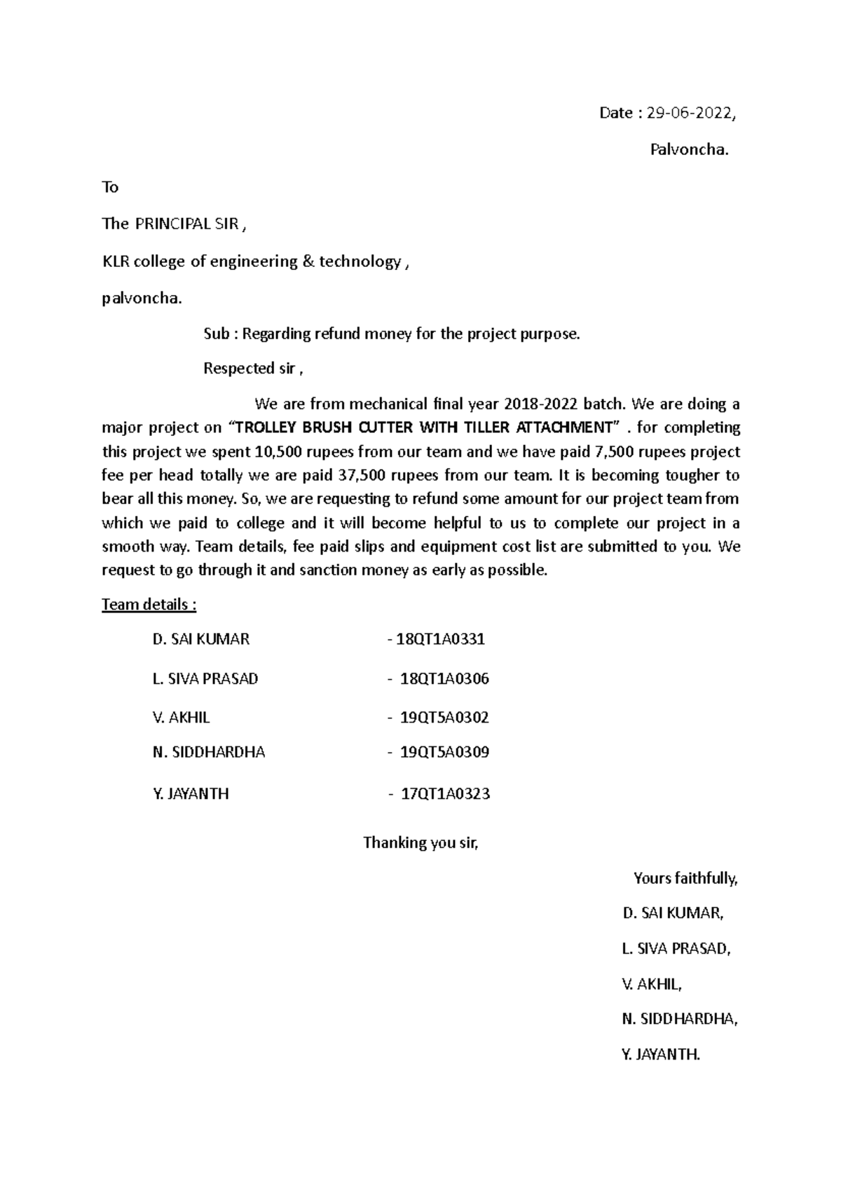 Principle Letter - leter - Date : 29-06-2022, Palvoncha. To The ...