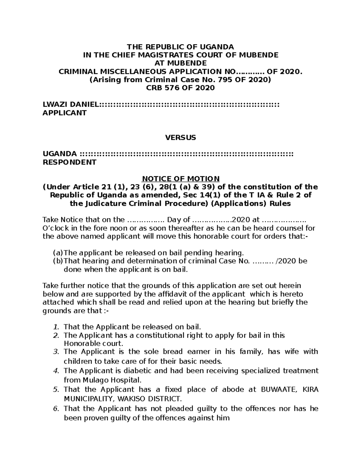 BAIL Application Javira - THE REPUBLIC OF UGANDA IN THE CHIEF ...