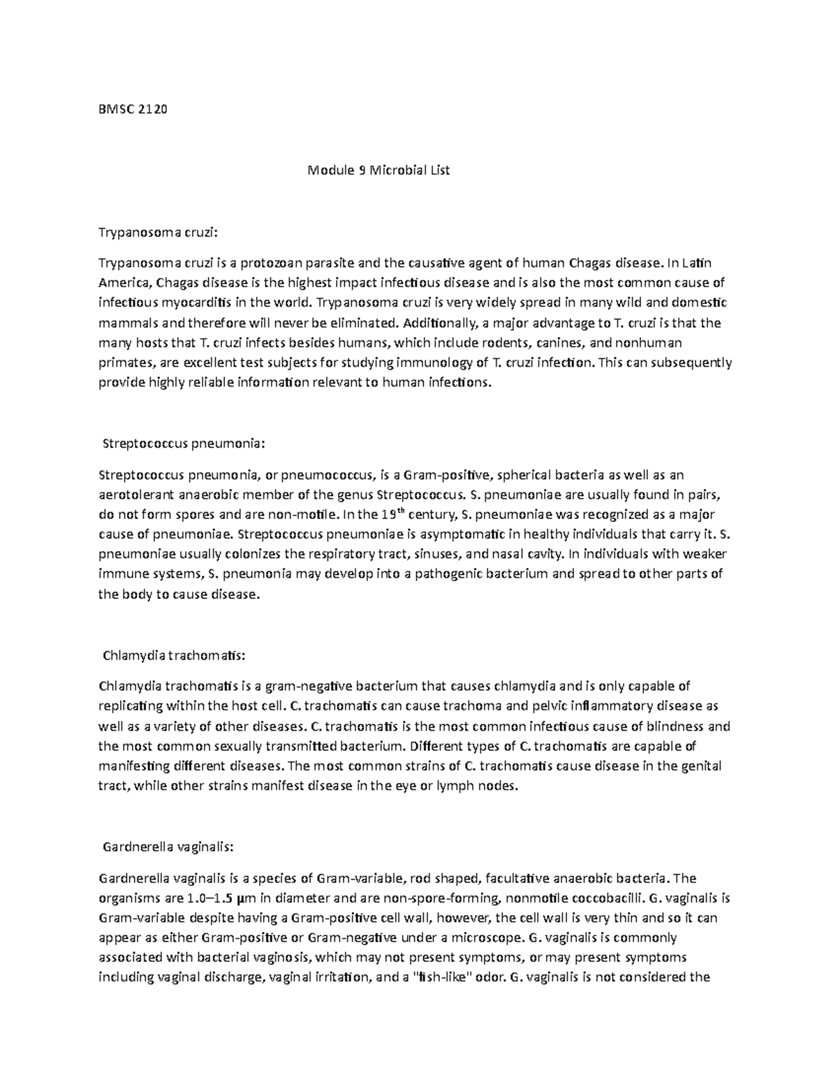 Microbial list 9 - assignment - BMSC 2120 Module 9 Microbial List ...