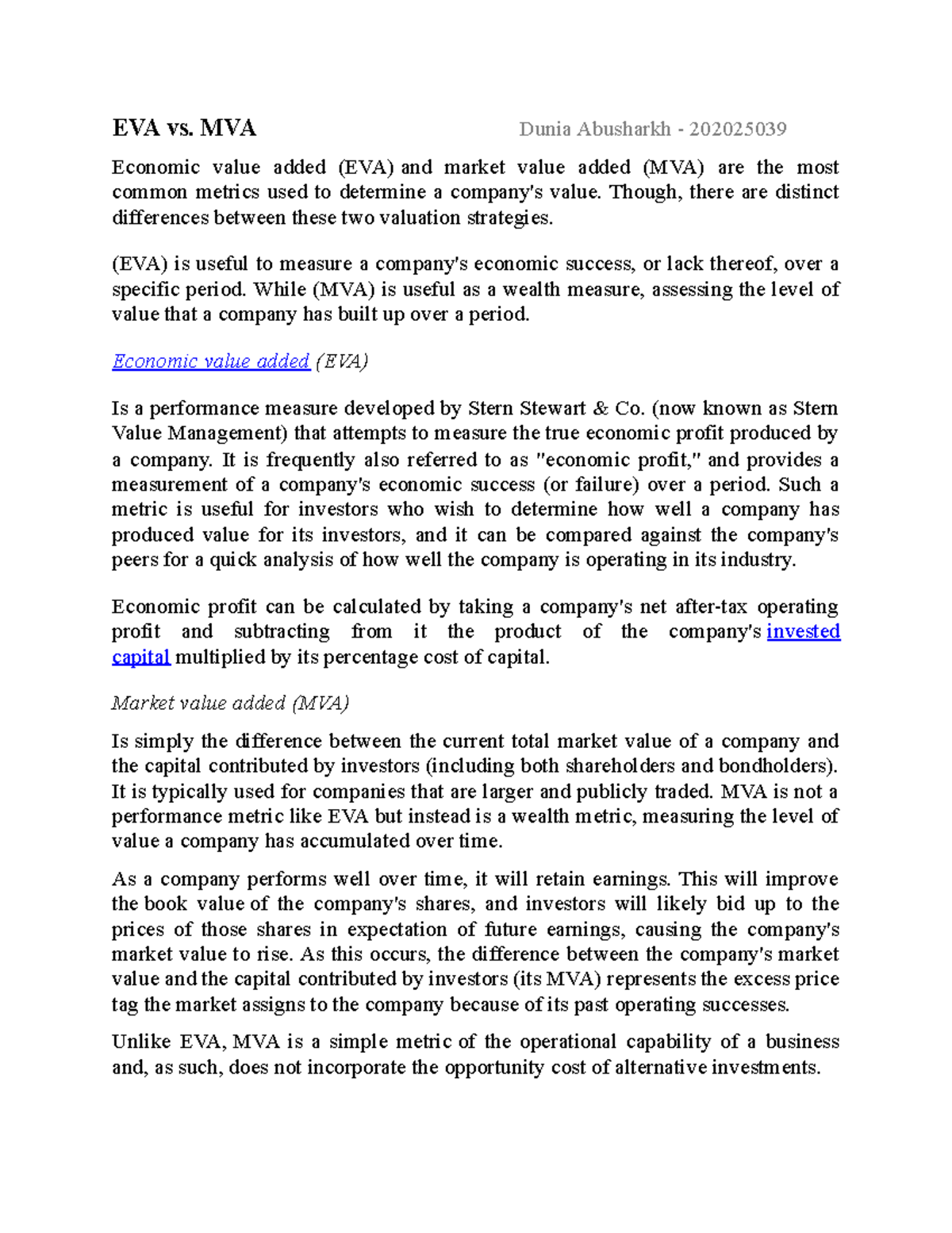 EVA vs MVA - economic value added versus market value added - EVA vs. MVA Dunia Abusharkh ...