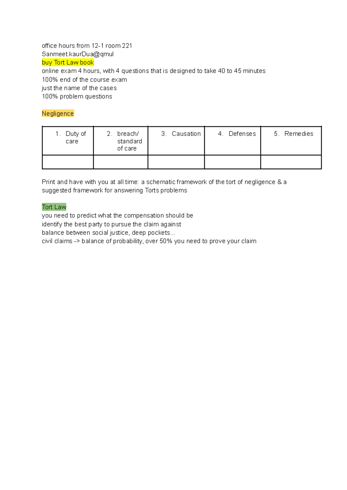 Tutorial 1 - office hours from 12-1 room 221 Sanmeet@qmul buy Tort Law ...