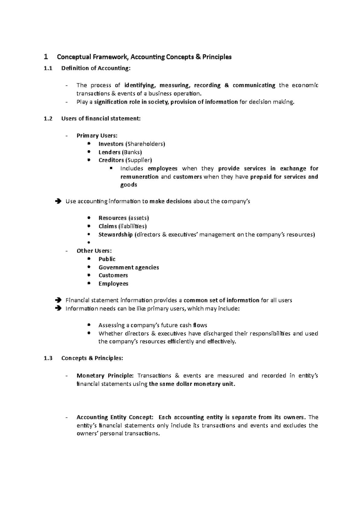 ACCT1006 Notes for midsem - 1 Conceptual Framework, Accounting Concepts ...