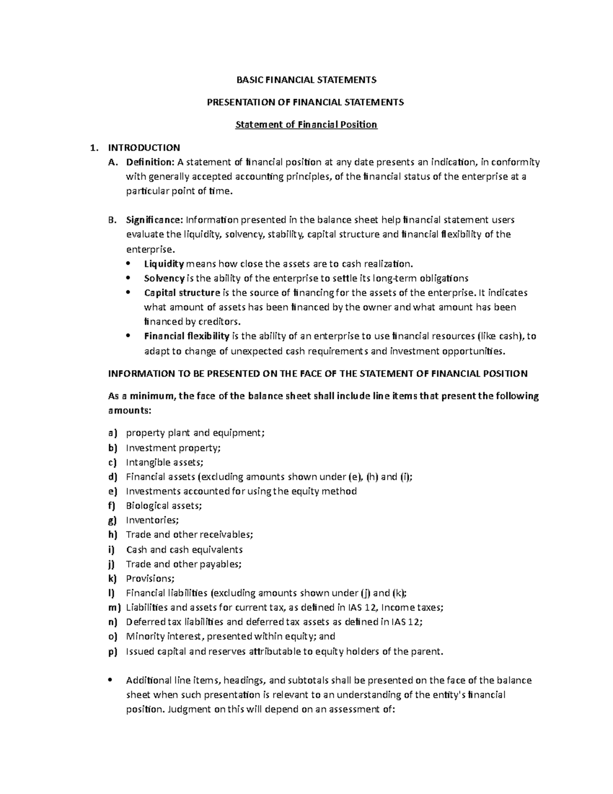 Financial Accounting and Reporting - Statement of Financial Position ...