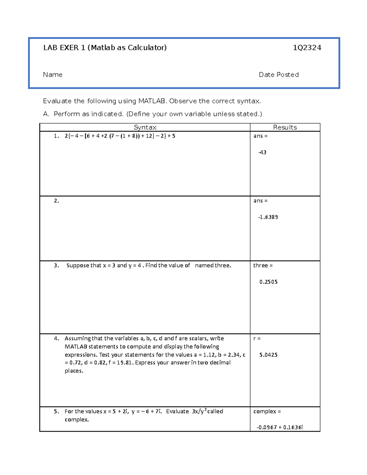 CS10-8L FA1 - FA1.1 - LAB EXER 1 (Matlab as Calculator) 1Q Name Date ...