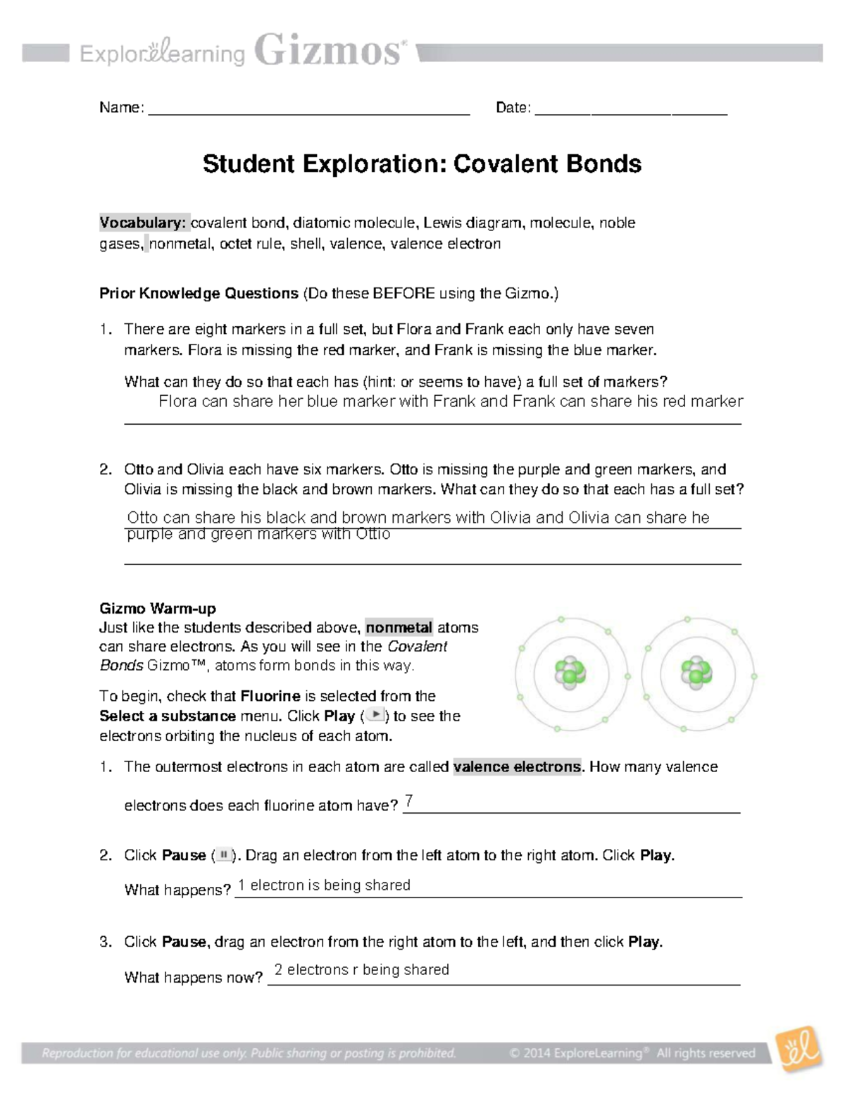 Covalent Bonds Gizmo - mmmmmmm - Name ...