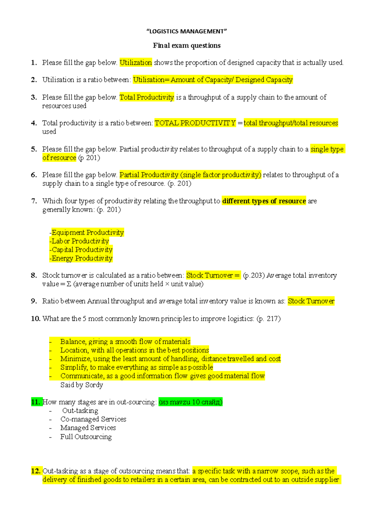 Logistics Management - “LOGISTICS MANAGEMENT” Final exam questions 1 ...