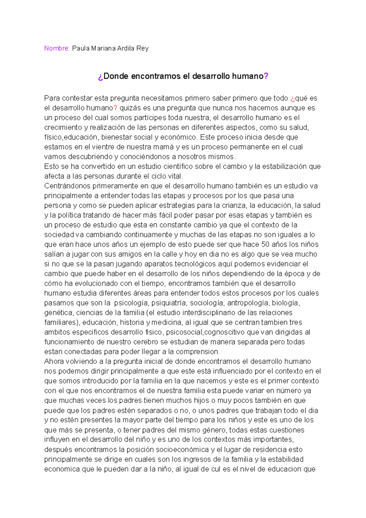 Ensayo sobre el desarrollo humano - Nombre: Paula Mariana Ardila Rey ...