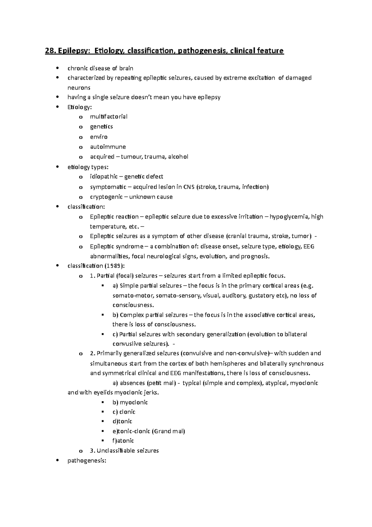 28. Epilepsy- Etiology, classification, pathogenesis, clinical feature ...