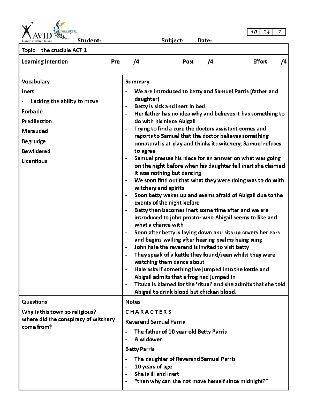 The cruciable act 1 notes - Student: Subject: Date: Topic the crucible ...