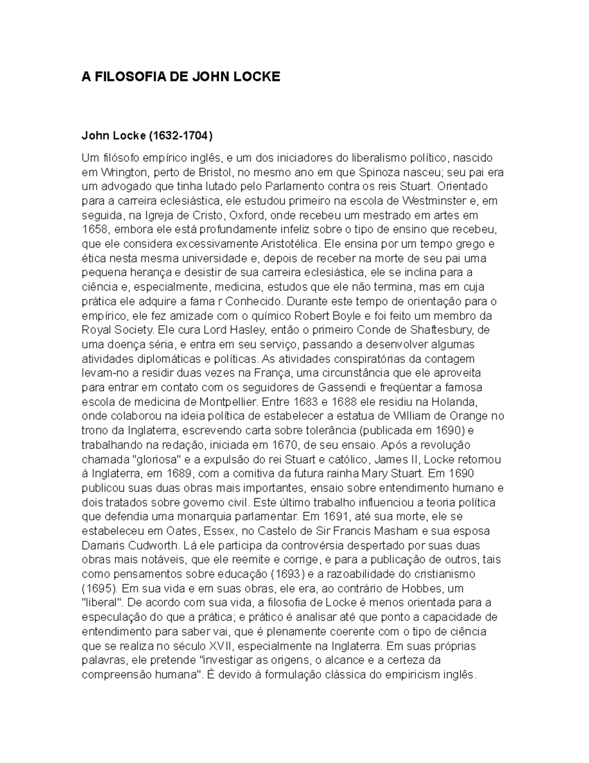 A filosofia de John Locke - A FILOSOFIA DE JOHN LOCKE John Locke Um e ...