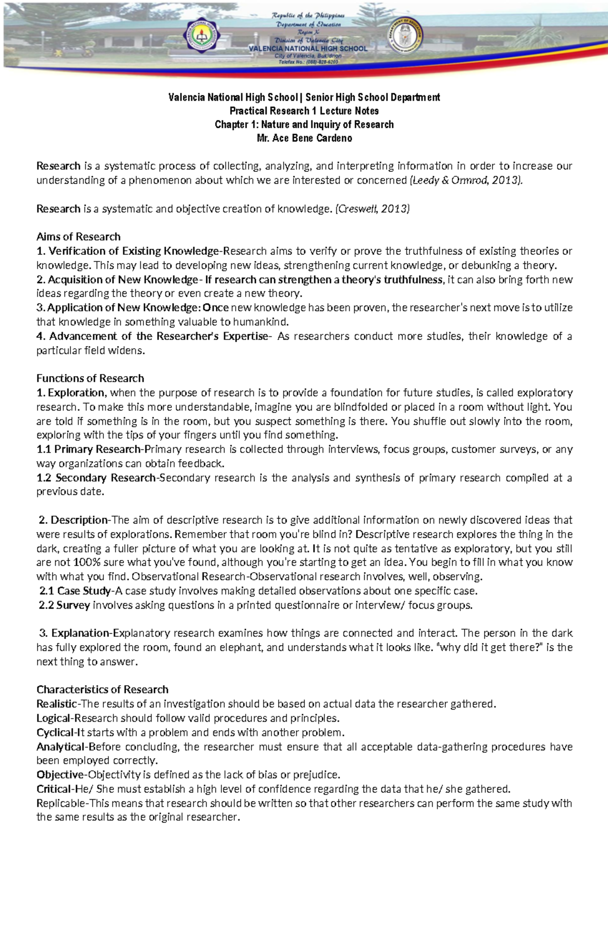 PR1 Chapter 1 Nature and Inquiry of Research - Valencia National High ...