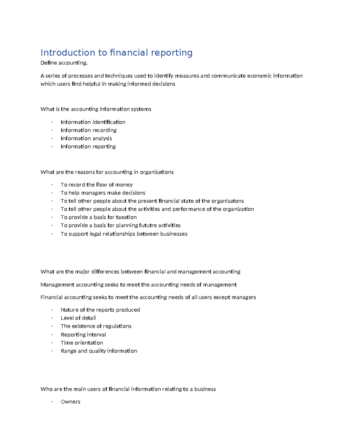 L1 intro to fr - notes - Introduction to financial reporting Define ...