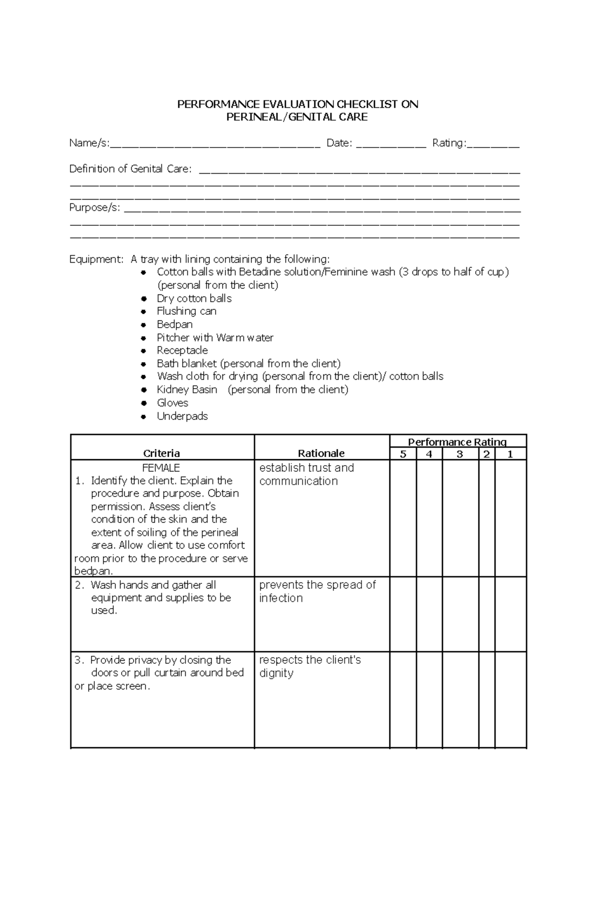 Genital Care Checklist - PERFORMANCE EVALUATION CHECKLIST ON PERINEAL ...