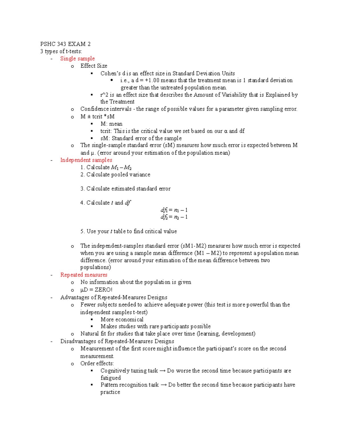 PSHC 343 EXAM 2 Cheat Sheet - PSHC 343 EXAM 2 3 types of t-tests ...