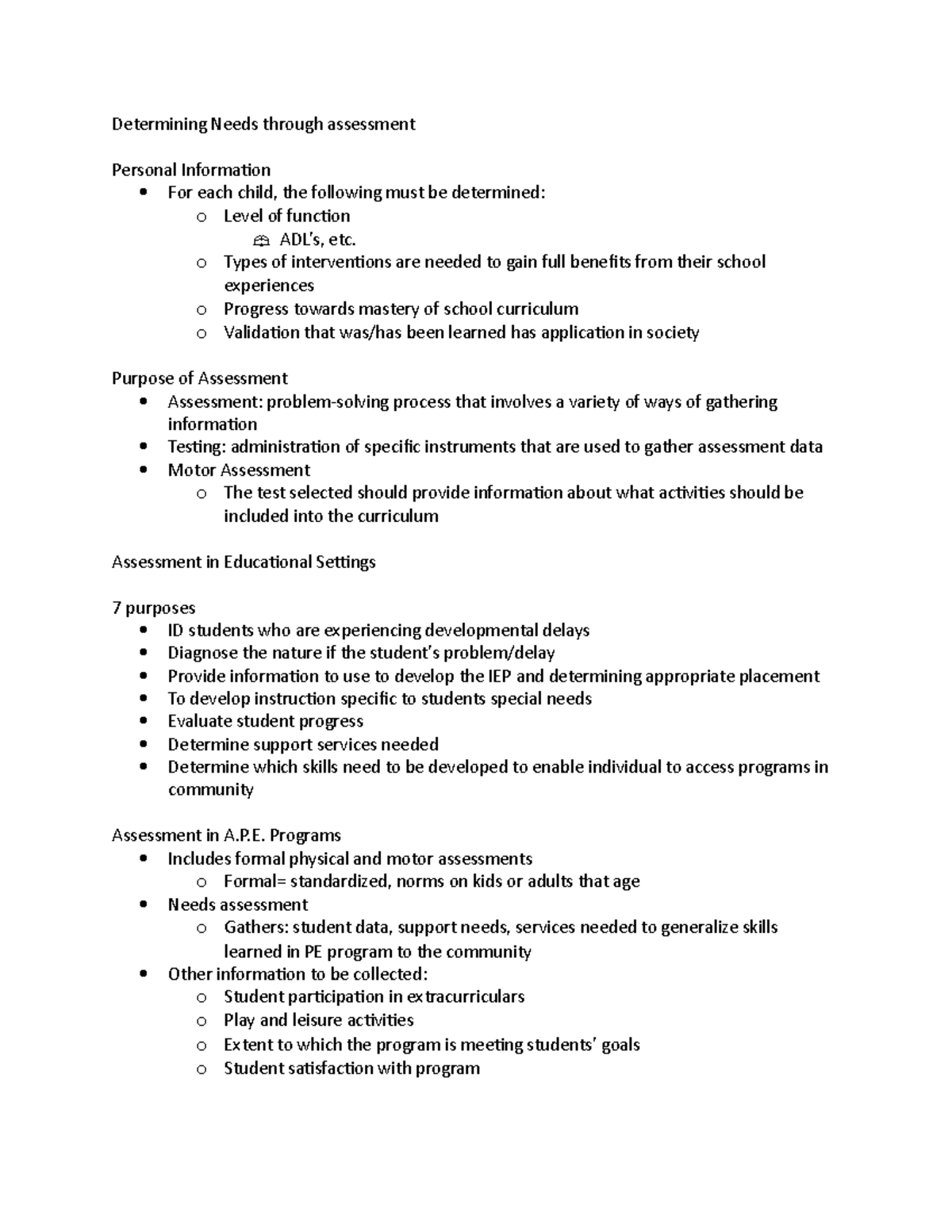 Special pop assessment - Determining Needs through assessment Personal ...