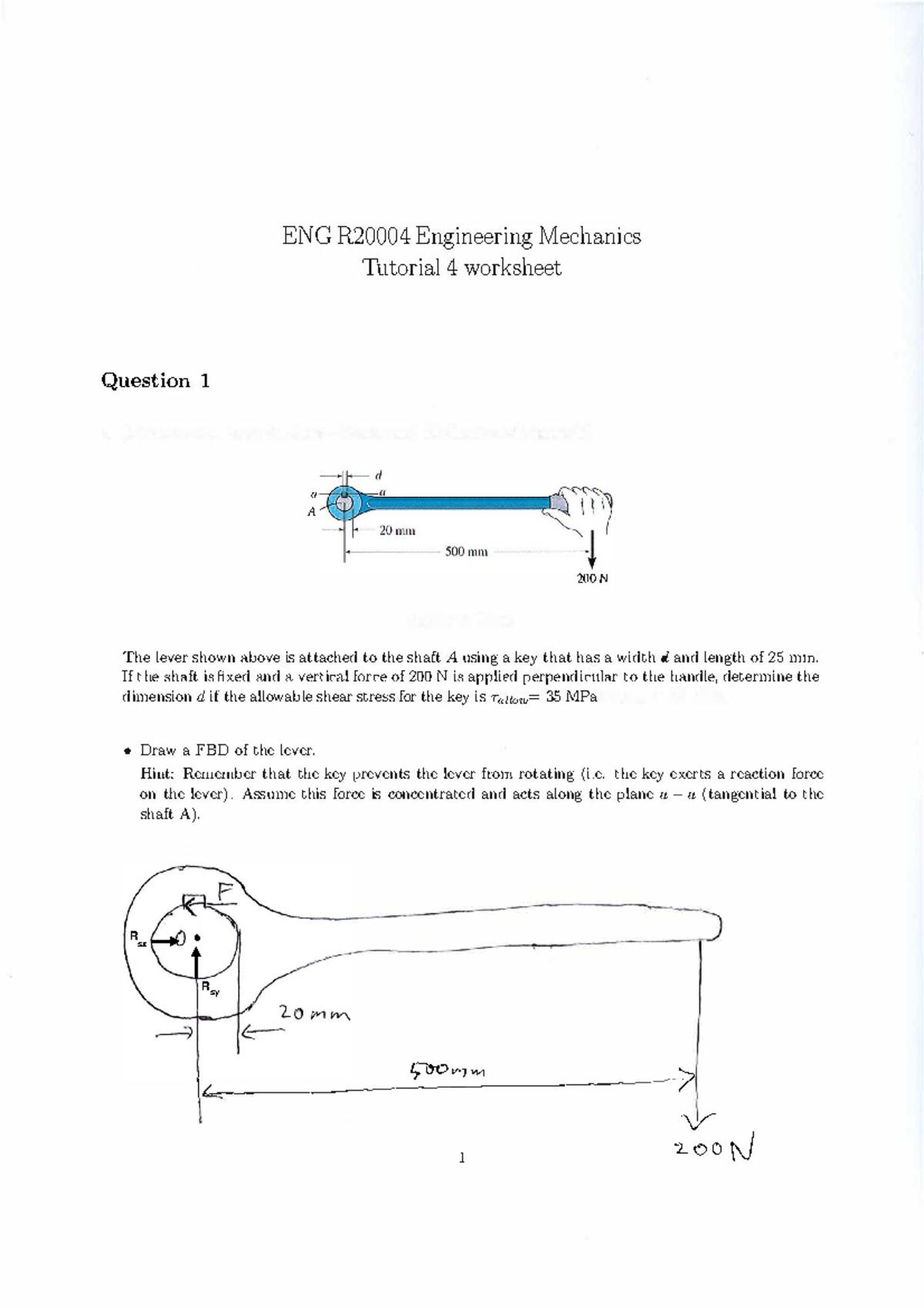 Worksheet engineering mechancis solution - Question 1 ENG R20004 ...